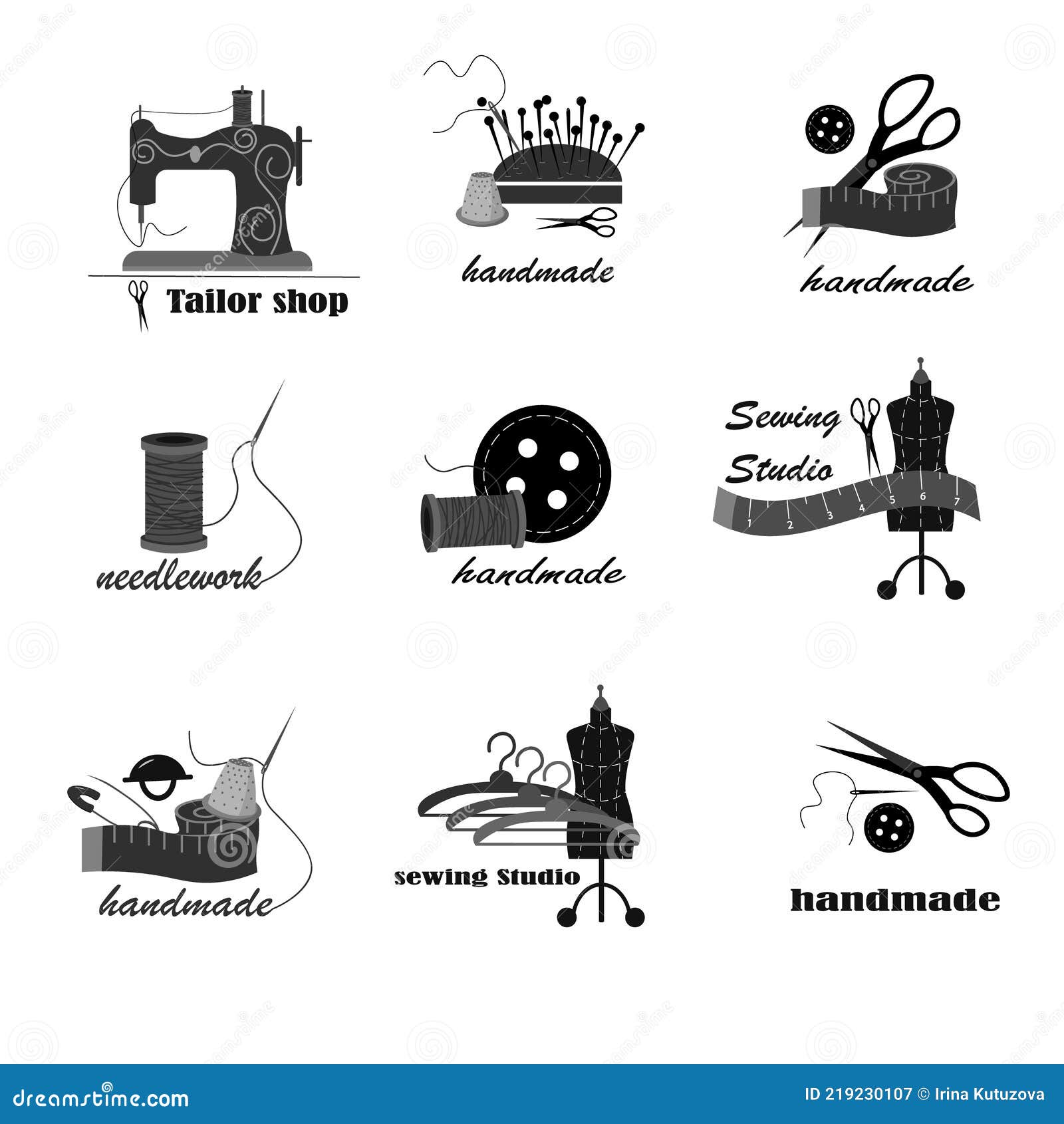 Set with Logos, Icons of Sewing Tools. Sewing Machine, Mannequin ...