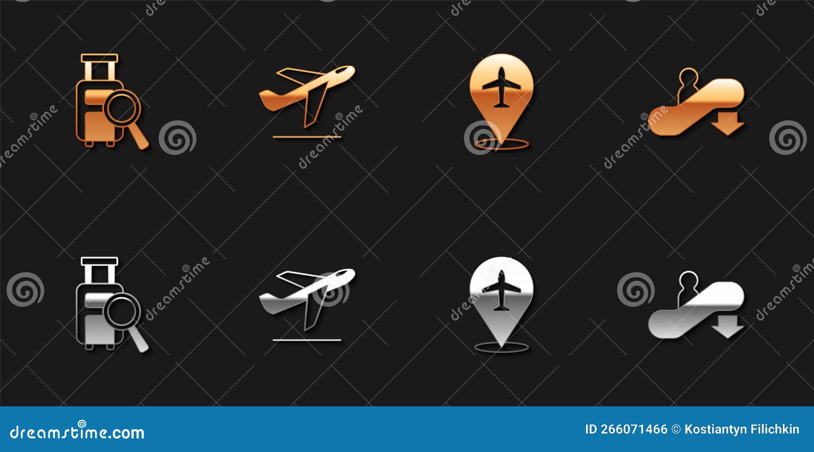 Set Lost Baggage, Plane Takeoff, and Escalator Down Icon. Vector Stock ...