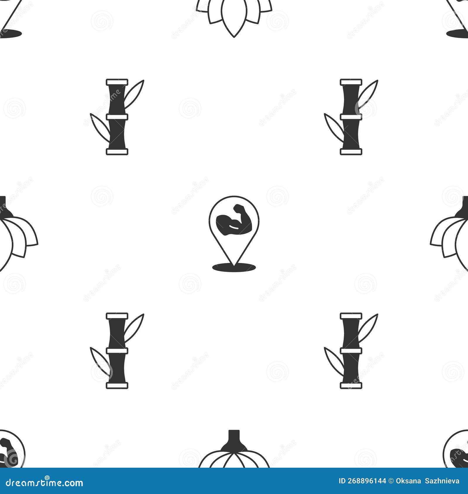 Set Lotus Flower, Bodybuilder Muscle and Bamboo on Seamless Pattern ...