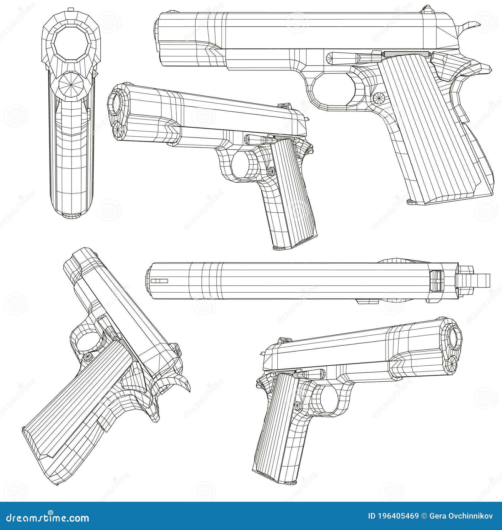 Set With A Low Poly Pistol Colt 1911. Wireframe Of A Pistol In ...