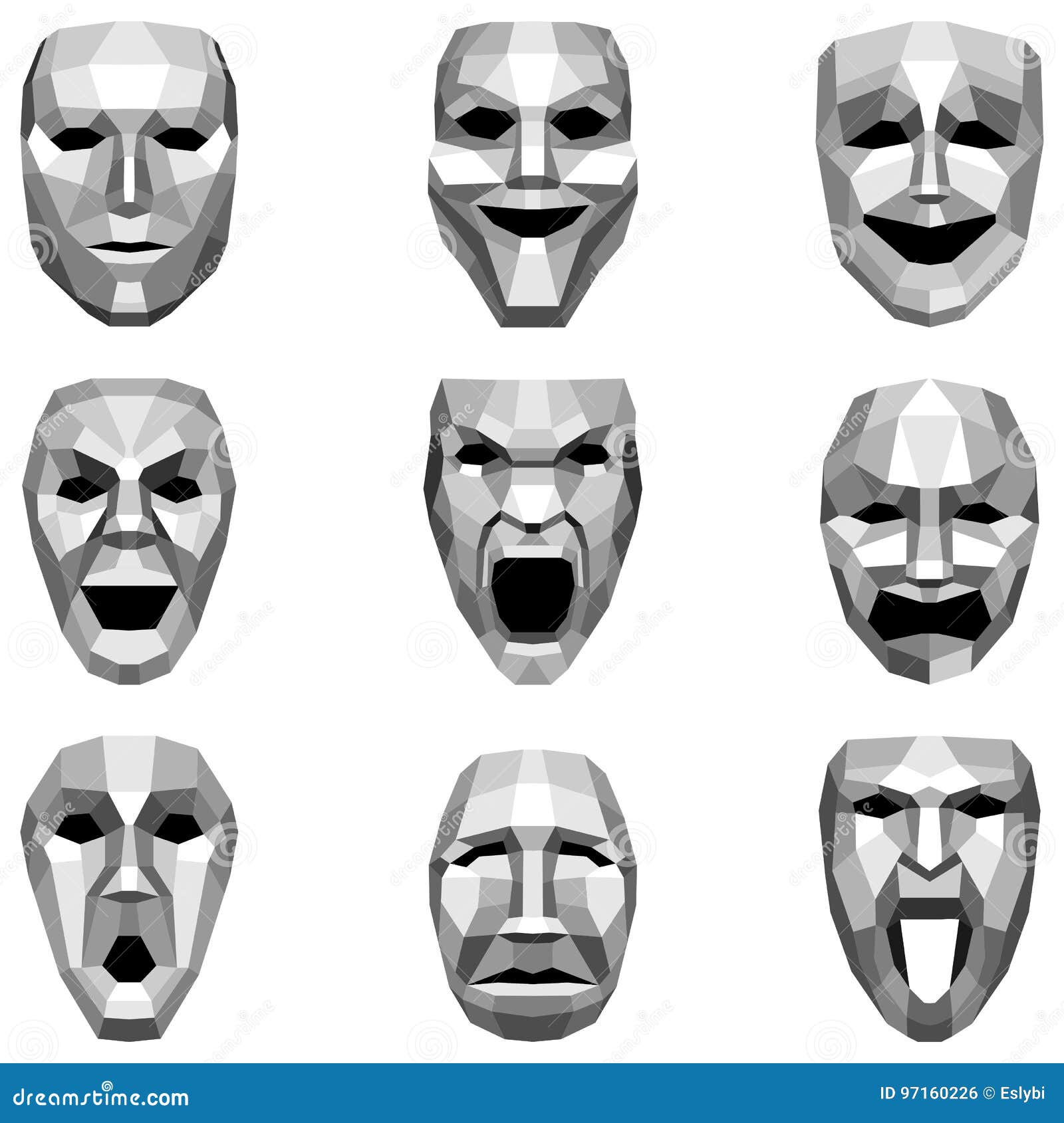 Set of Low Poly Style Emoticons, Emoji on White Background, Vector ...