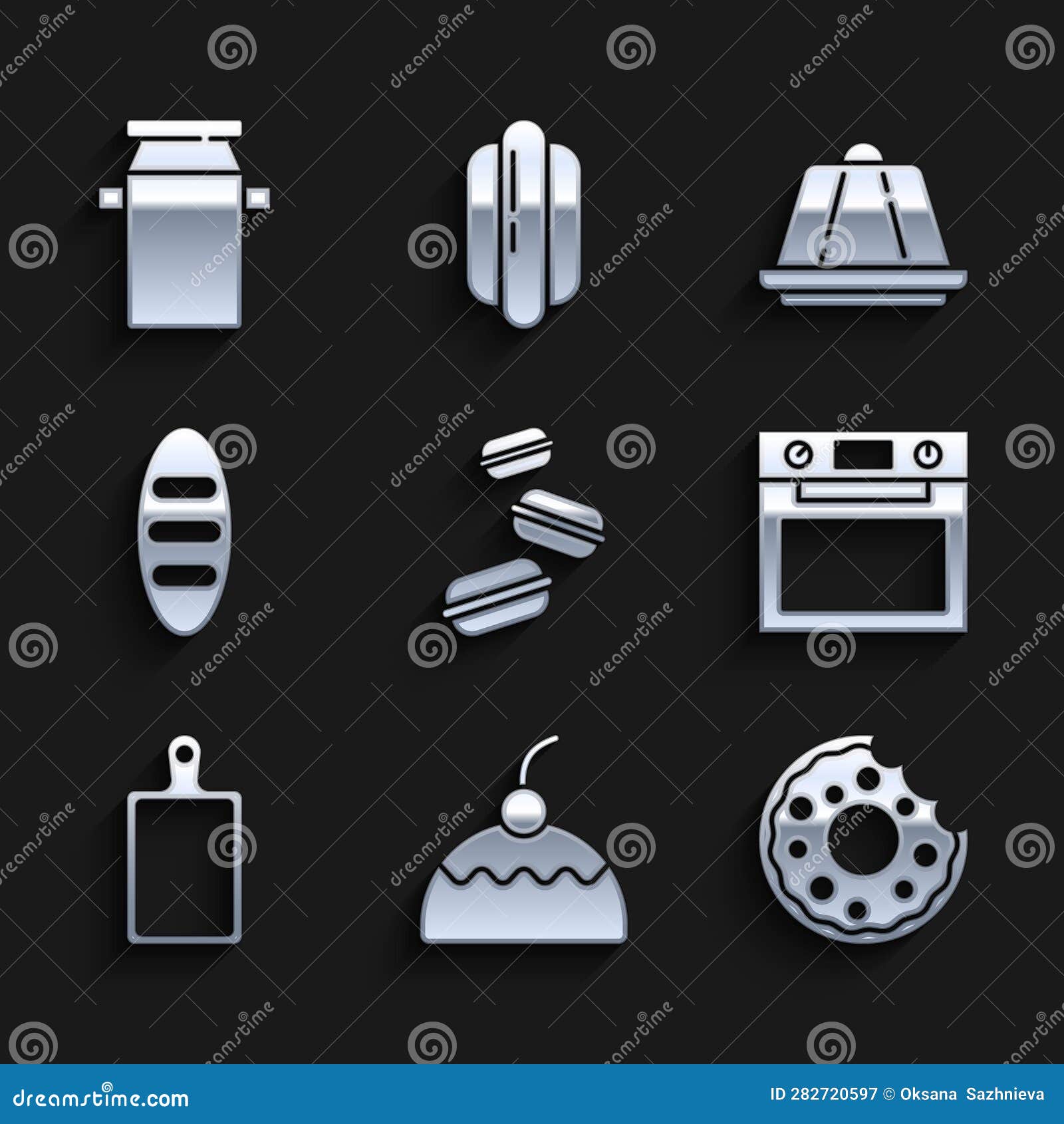 Set Macaron Cookie, Cake, Donut, Oven, Cutting Board, Bread Loaf ...