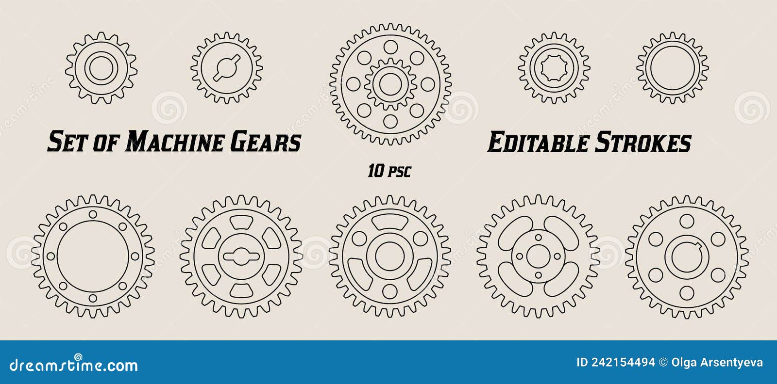 Set of Machine Gears with Editable Strokes. Simple Shapes in Line Art ...