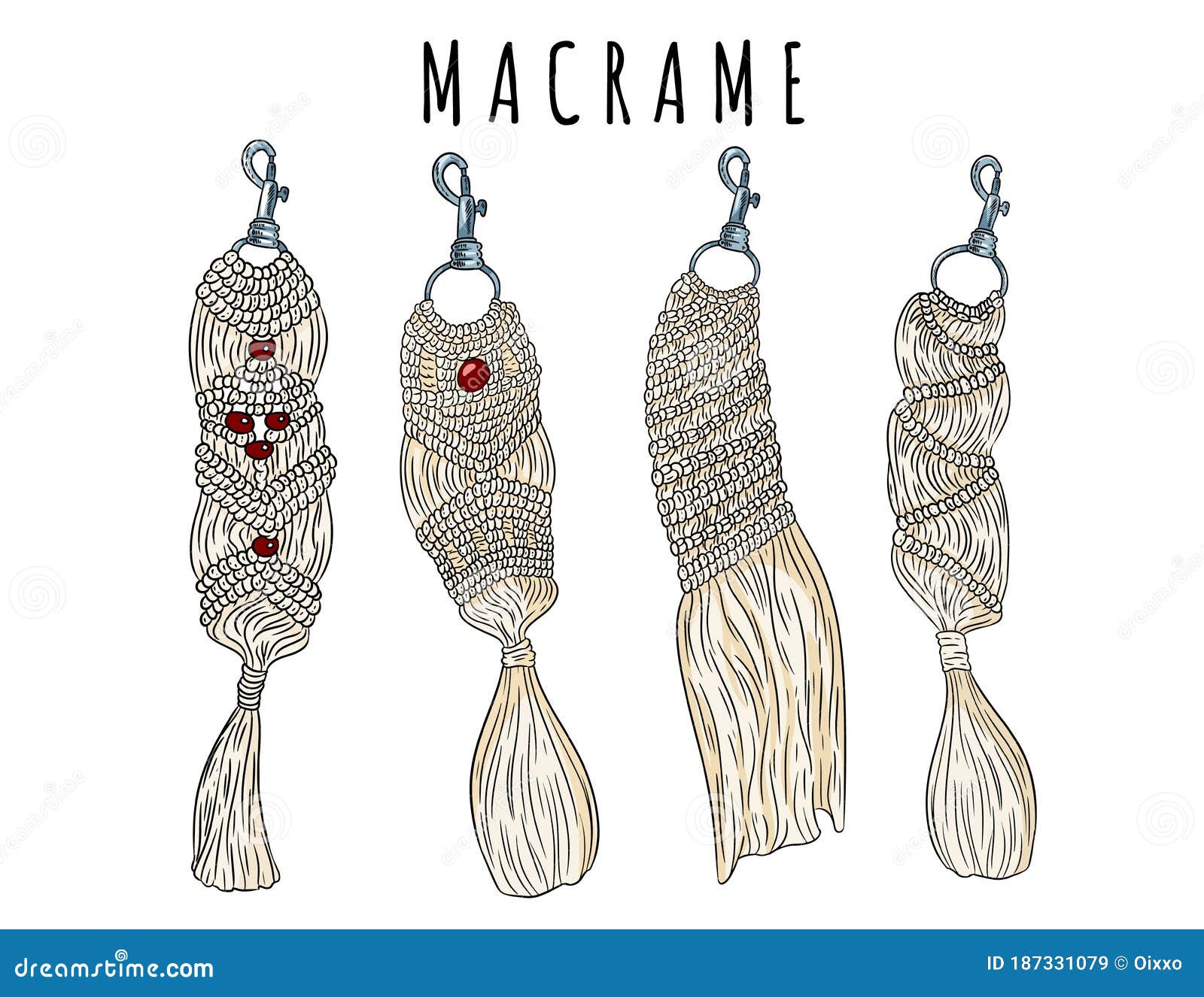 Set Of Macrame Boho Style Keychains. Collection Of Textile Knotting ...