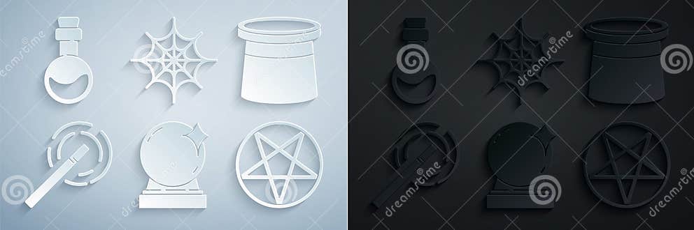Set Magic Ball, Magician Hat, Wand, Pentagram in Circle, Spider Web and ... Set Magic Ball, Magician Hat, Wand, Pentagram in Circle, Spider Web and ...