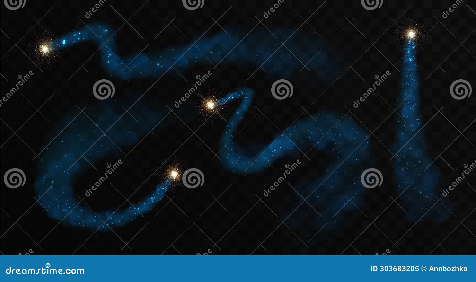 Set of Magic Blue Glowing Shiny Trails Isolated on Black Transparent ...