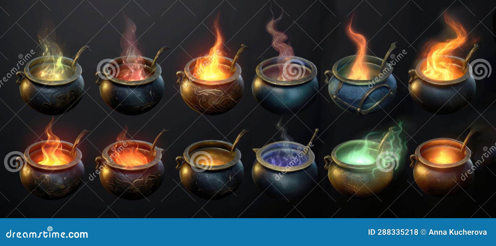Set of Magic Cauldrons Filled with Burning Potions of Different Colors ...
