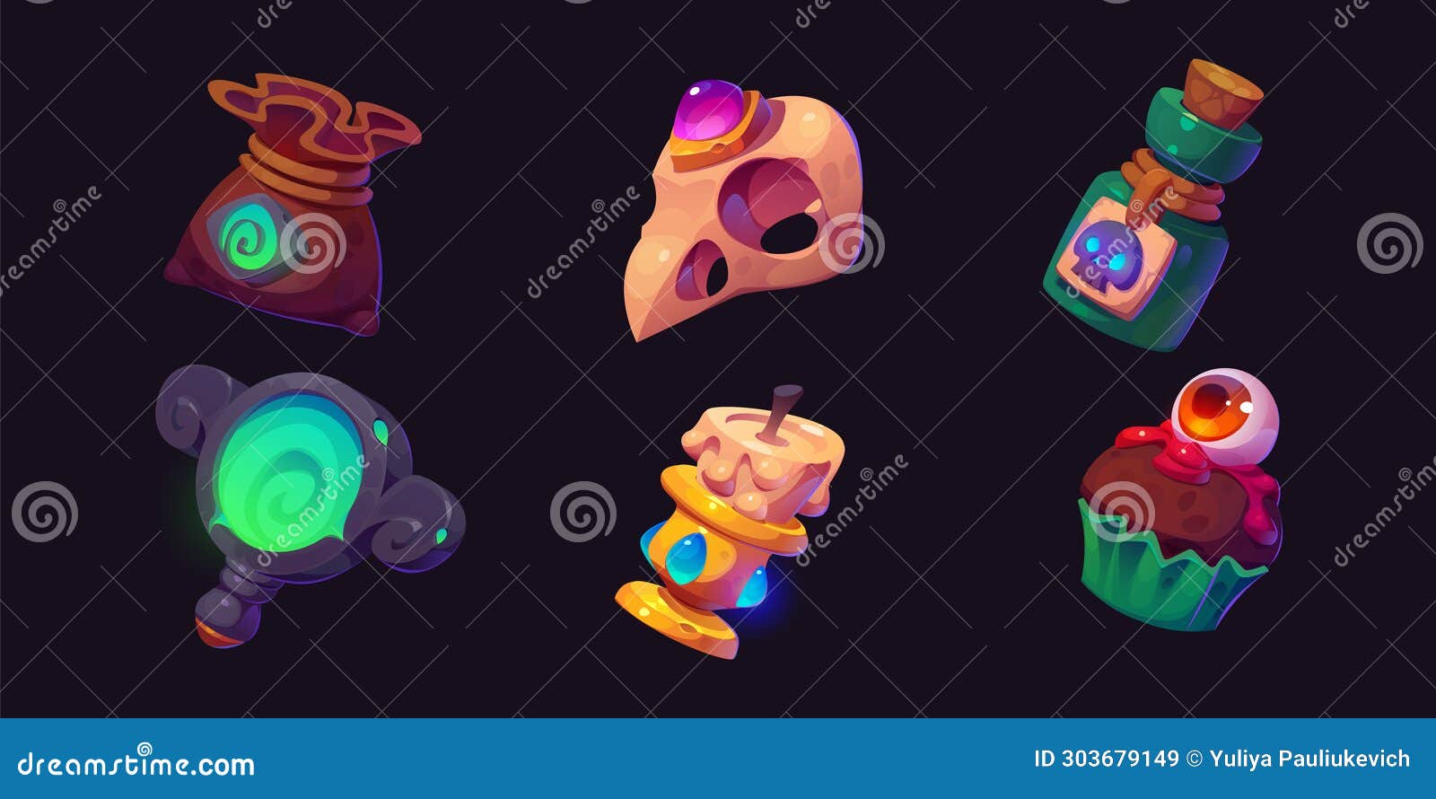 Set of Magic Game Assets Isolated on Black Stock Vector - Illustration ...