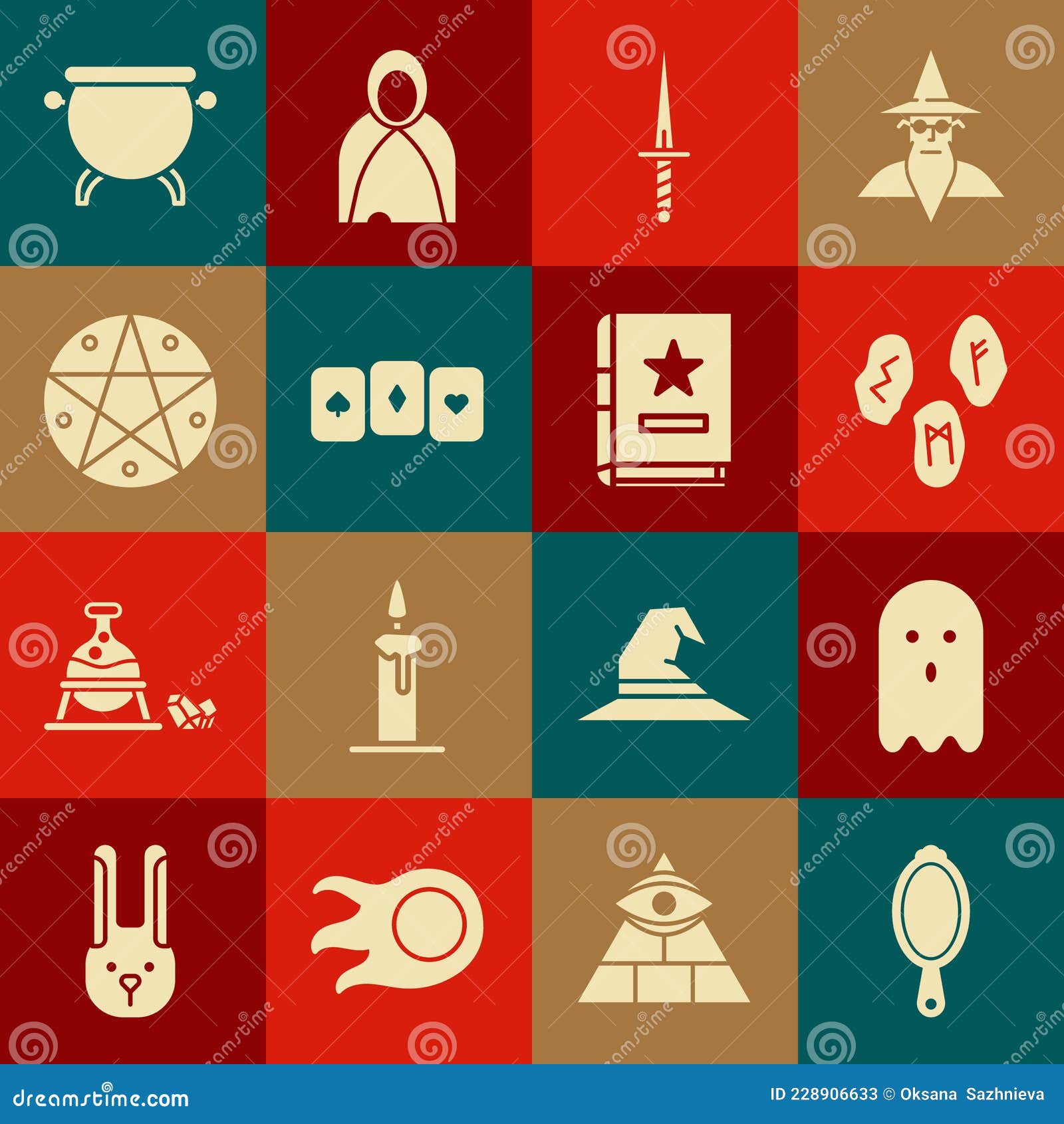 Set Magic Hand Mirror, Ghost, Runes, Dagger, Playing Cards, Pentagram ...