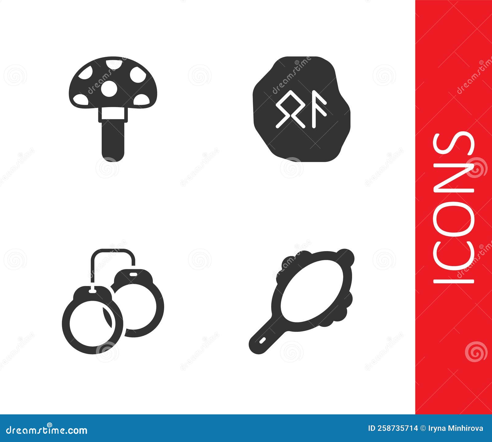 Set Magic Hand Mirror, Psilocybin Mushroom, Handcuffs and Runes Icon ...
