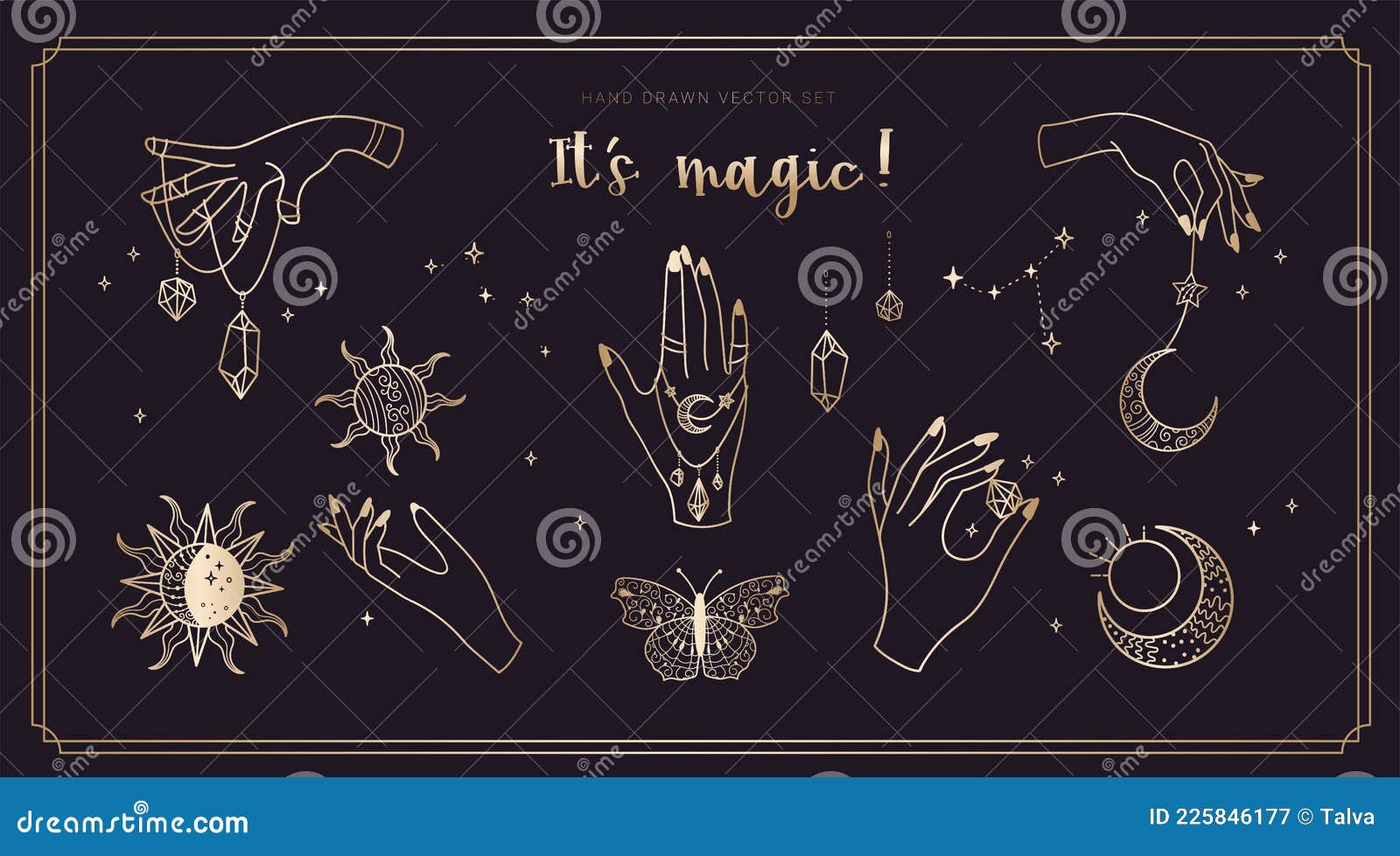 Set of Magic Hands with Crystals and Celestial Symbols, Trendy Doodle ...