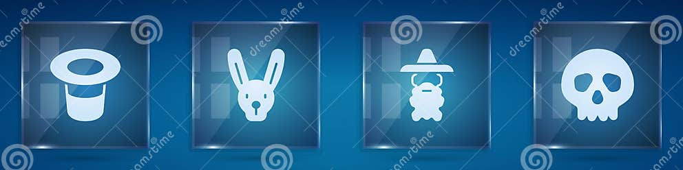 Set Magic Hat, Rabbit with Ears, Wizard Warlock and Skull. Square Glass ...