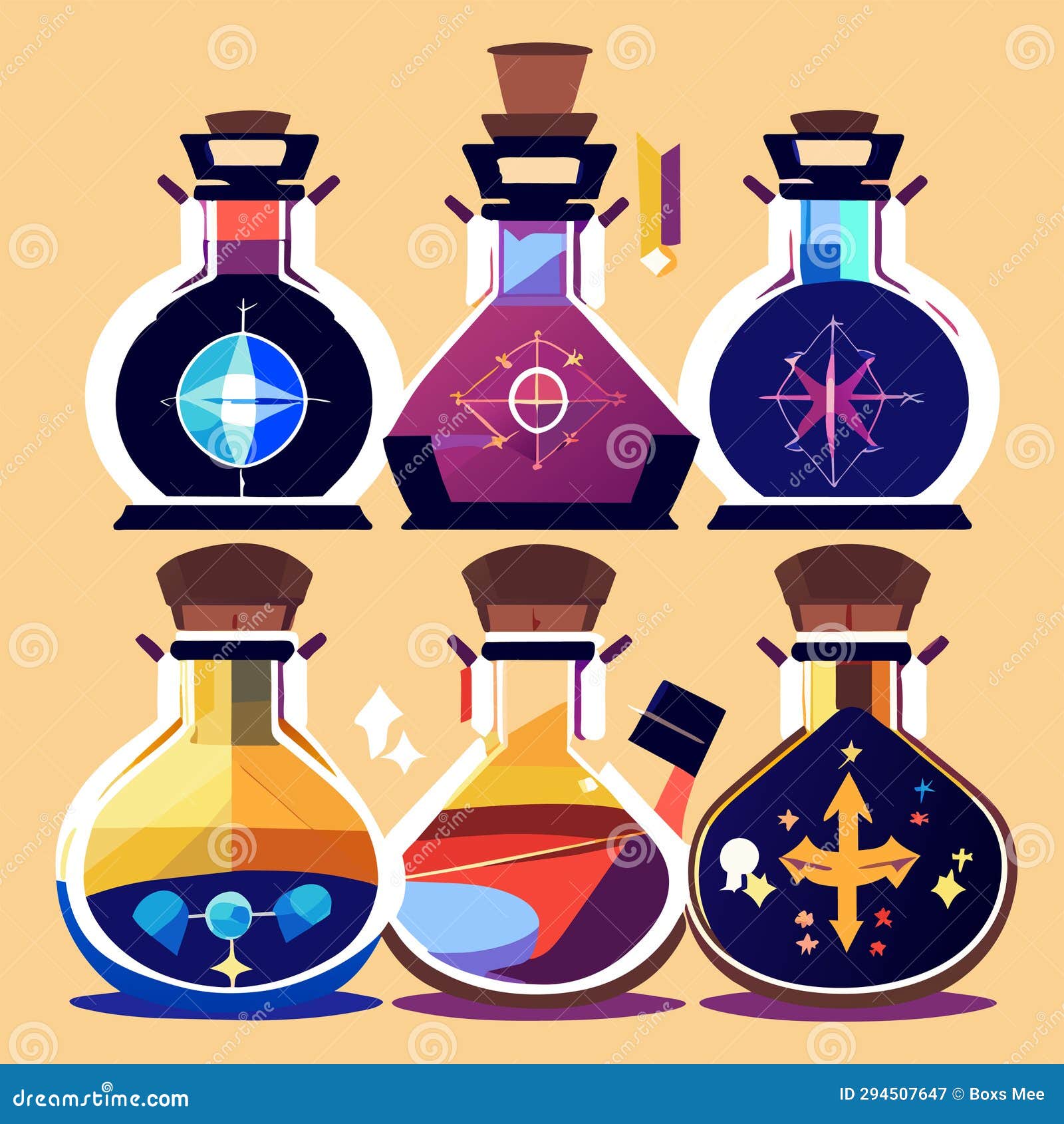 Set of Magic Potion Bottles. Vector Illustration in Flat Cartoon Style ...