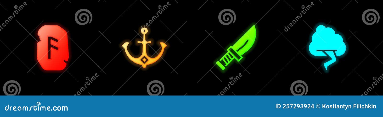 Set Magic Rune, Anchor, Dagger and Cloud and Lightning Icon. Vector ...