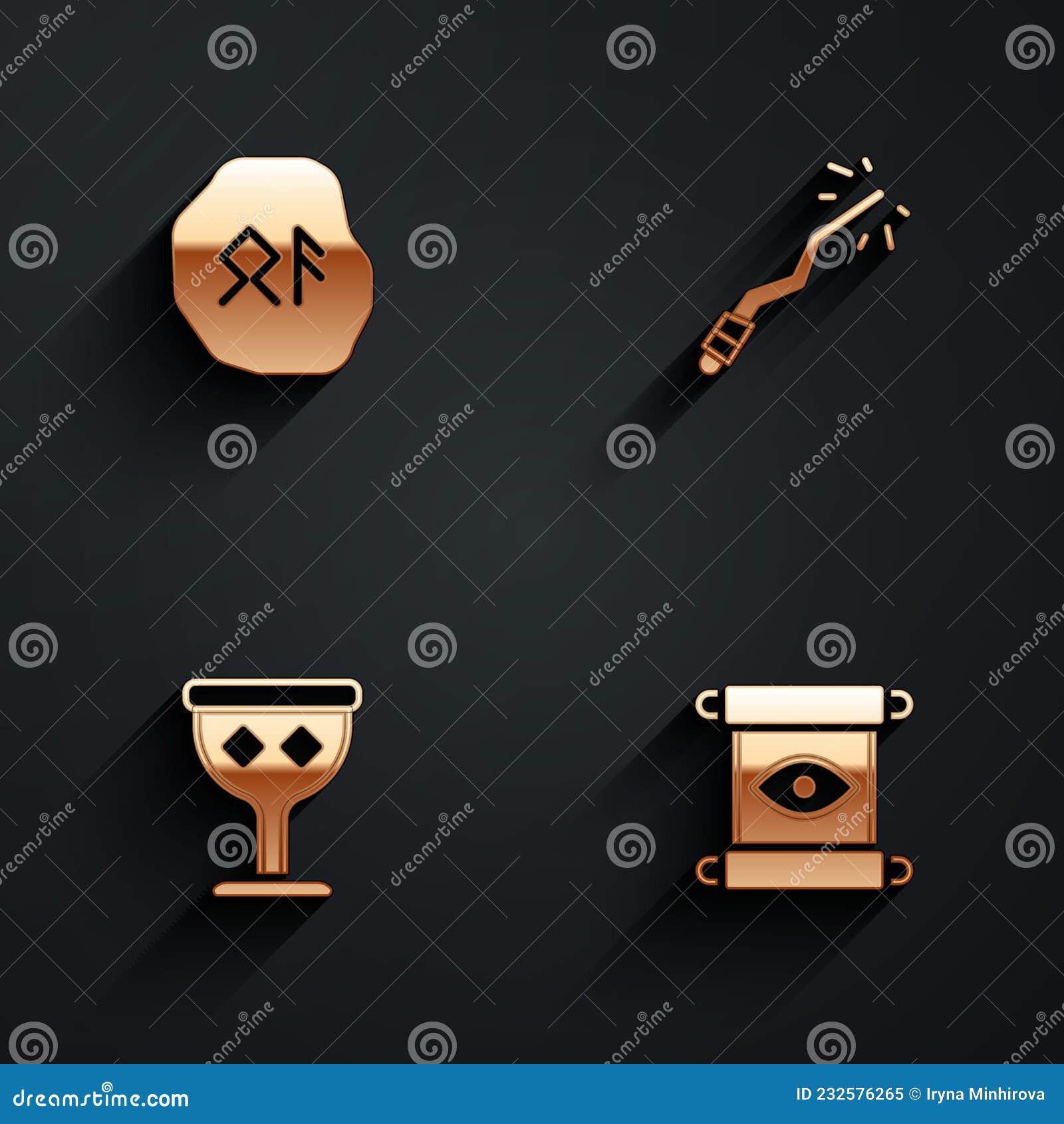 Set Magic Runes, Wand, Medieval Goblet and Scroll Icon with Long Shadow ...