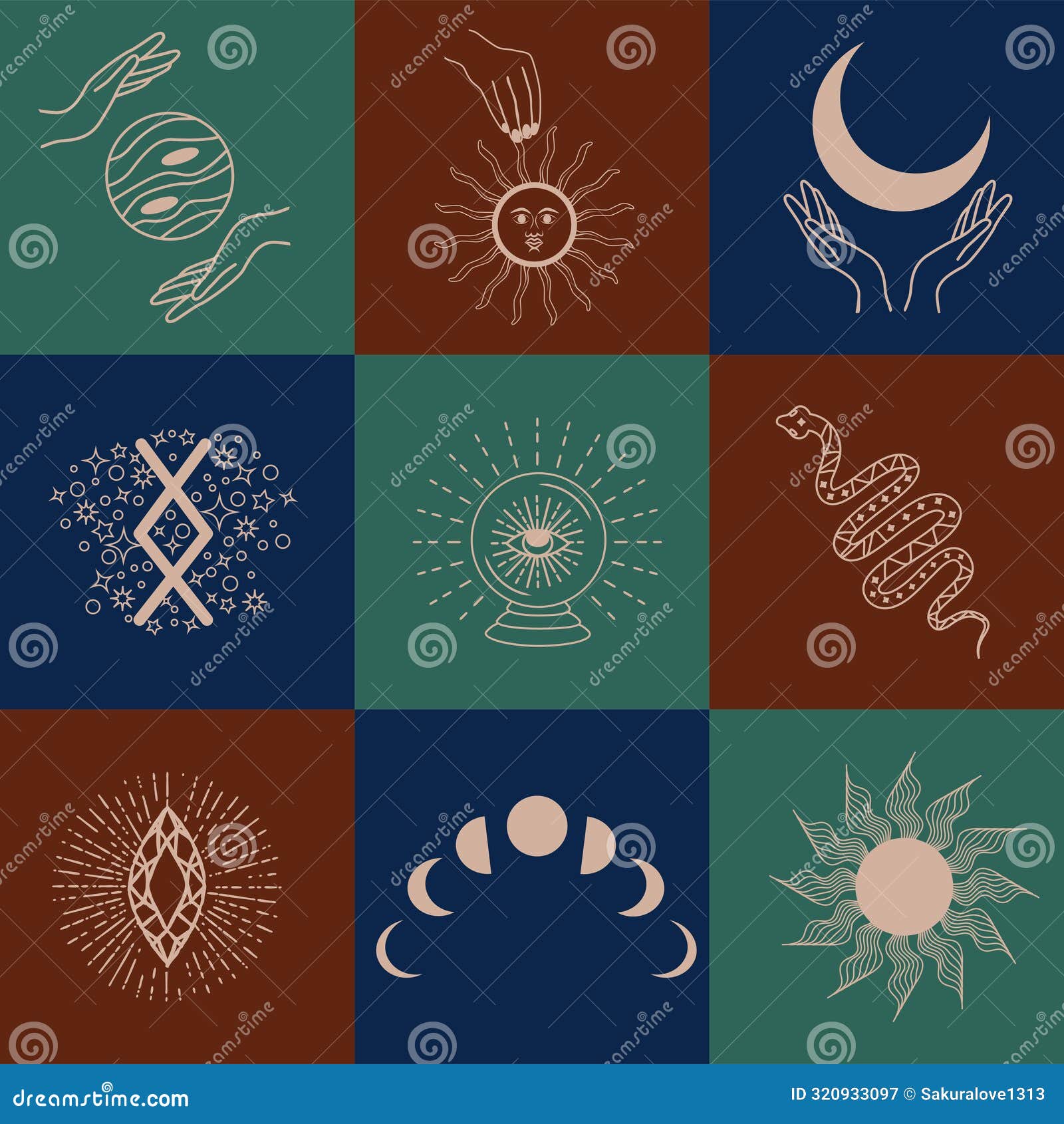 Set of Magic Symbols, Celestial Seamless Pattern. Astrological, Magical ...