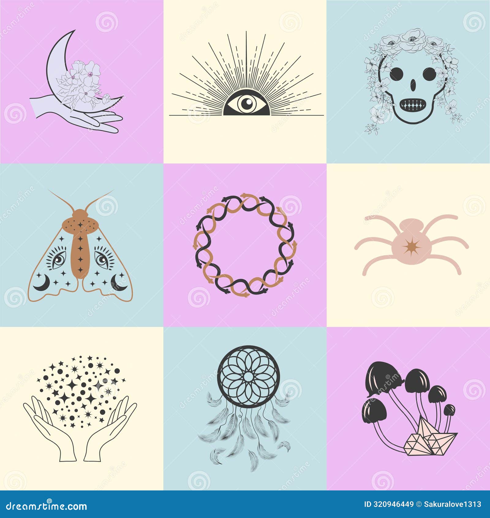 Set of Magic Symbols, Celestial Seamless Pattern. Astrological, Magical ...