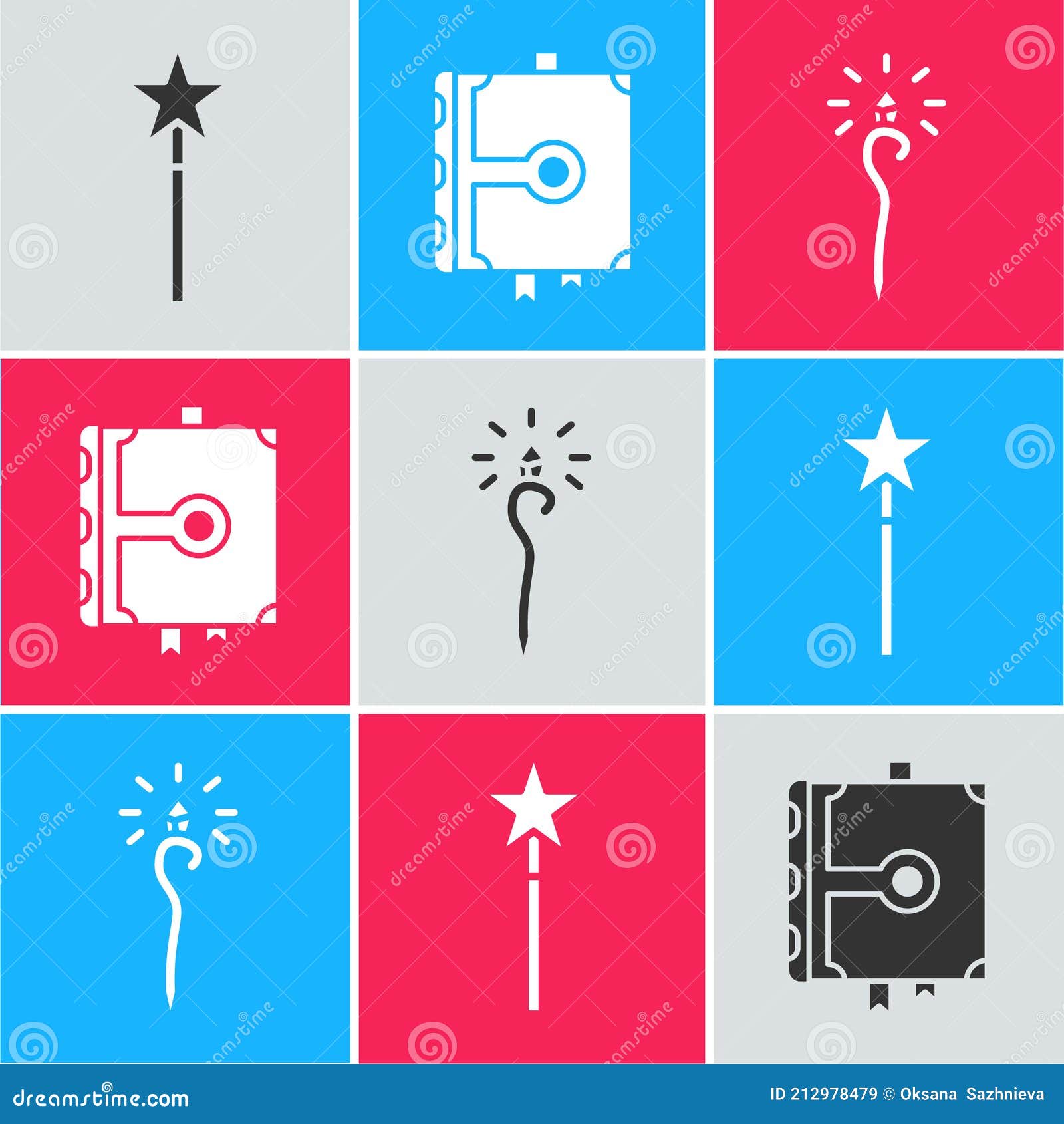 Set Magic Wand, Ancient Magic Book and Magic Staff Icon. Vector Stock ...