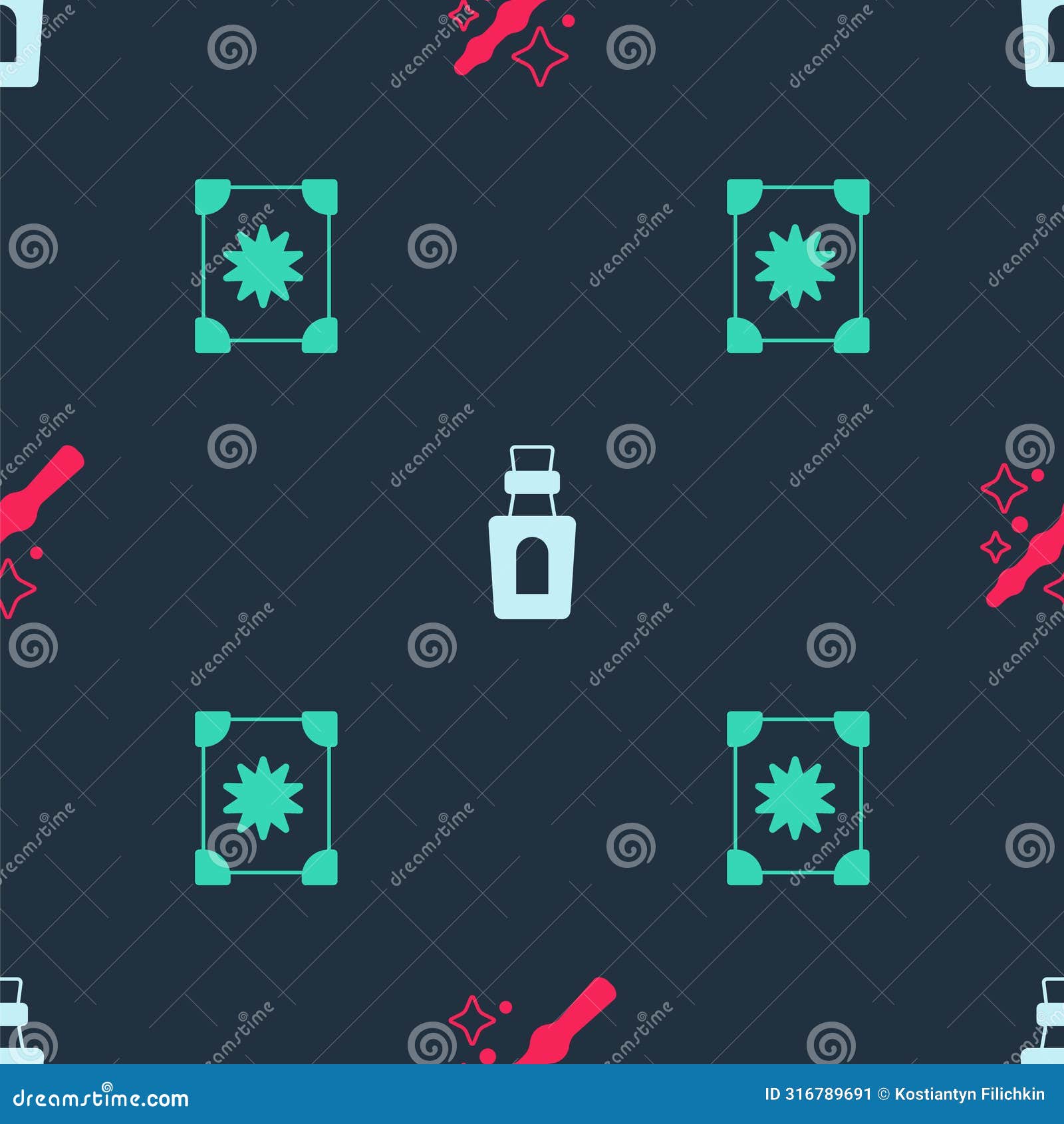 Set Magic Wand, Bottle with Potion and Ancient Magic Book on Seamless ...