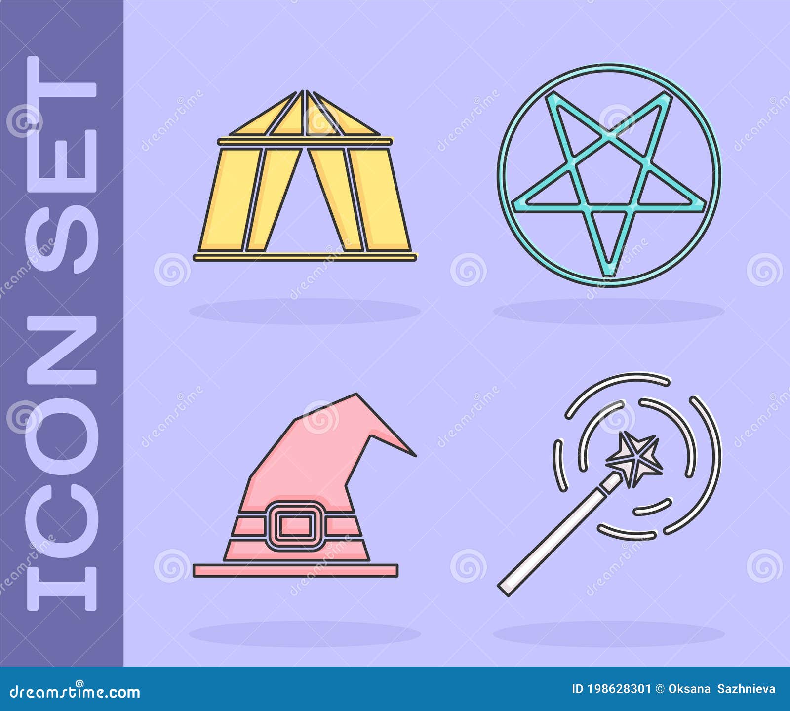 Set Magic Wand, Circus Tent, Witch Hat and Pentagram in a Circle Icon ...
