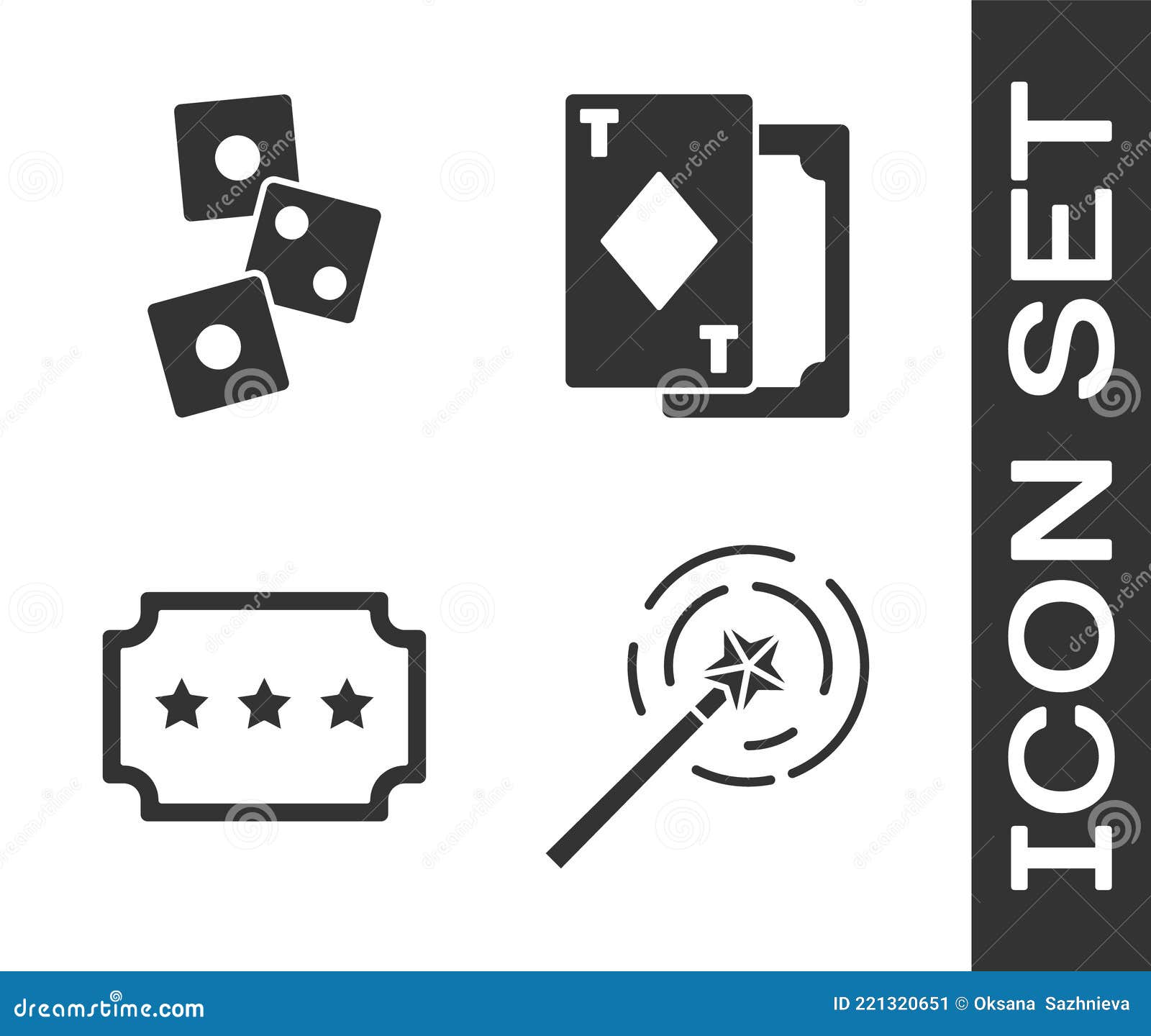 Set Magic Wand, Game Dice, Ticket and Playing Cards Icon. Vector Stock ...