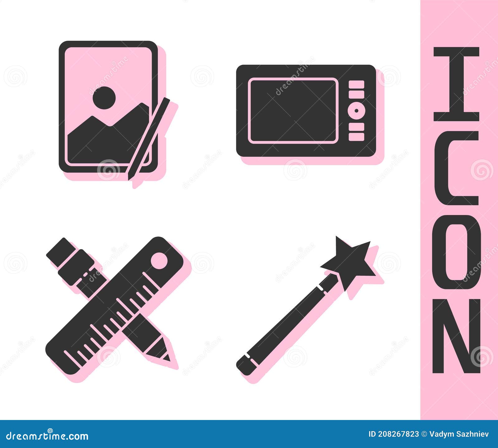 Set Magic Wand, Graphic Tablet, Crossed Ruler and Pencil and Graphic ...