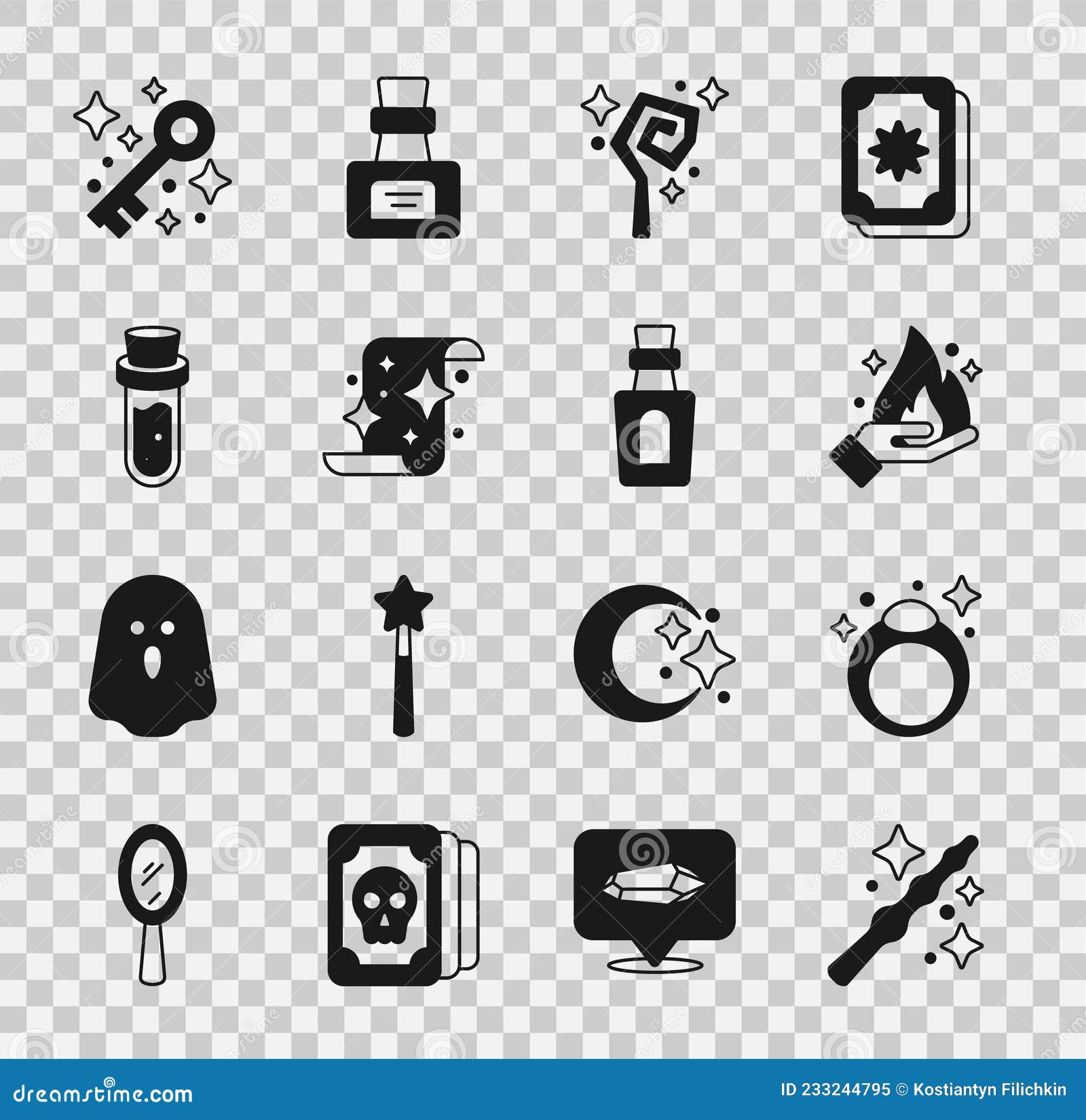 Set Magic Wand, Stone Ring, Hand Holding Fire, Staff, Scroll, Bottle ...