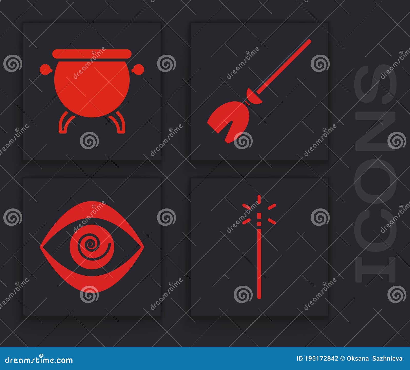 Set Magic Wand, Witch Cauldron, Witches Broom and Hypnosis Icon. Vector ...