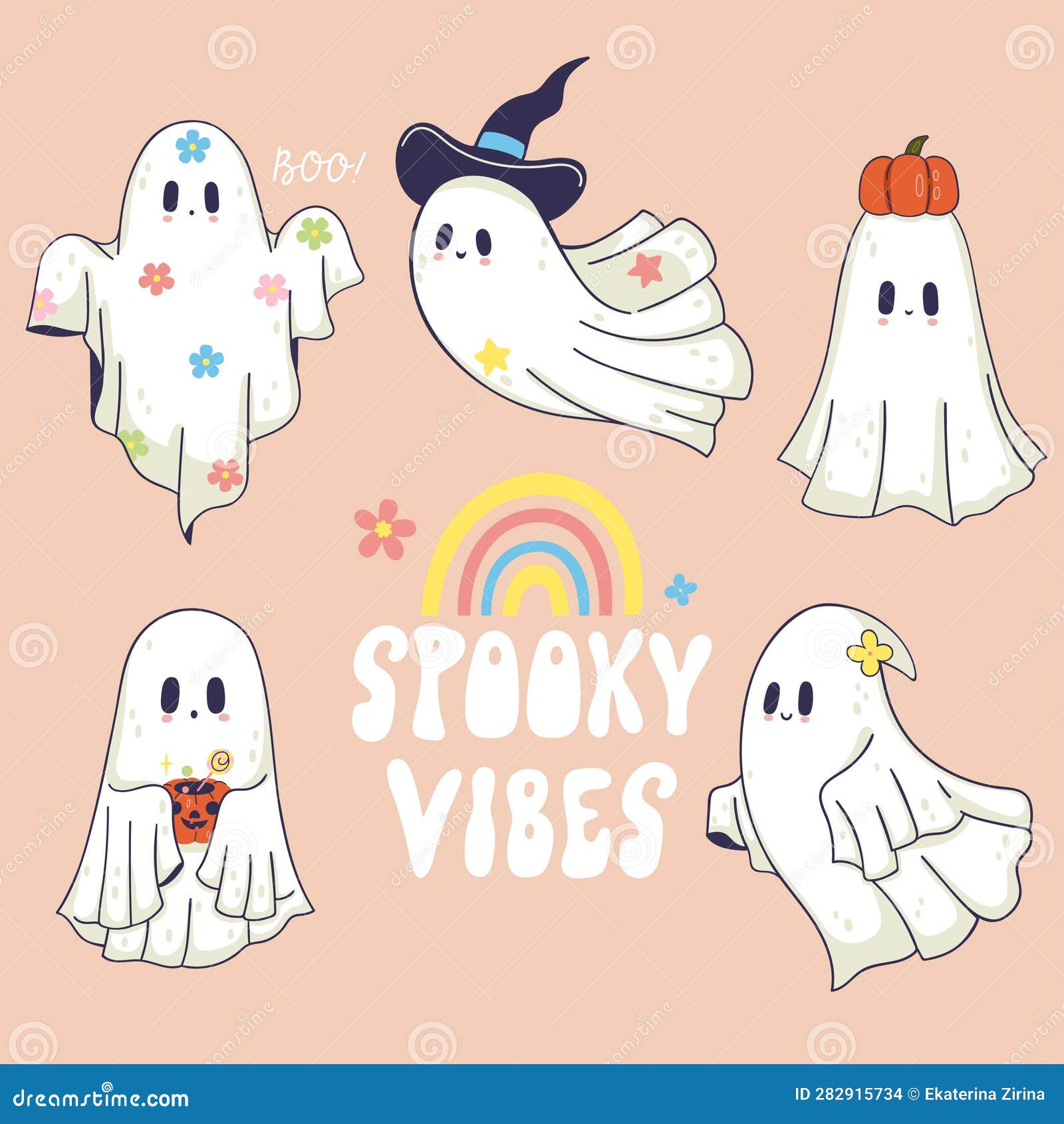 Set of Magical Cute Happy Ghosts. Vector Graphics Stock Vector ...