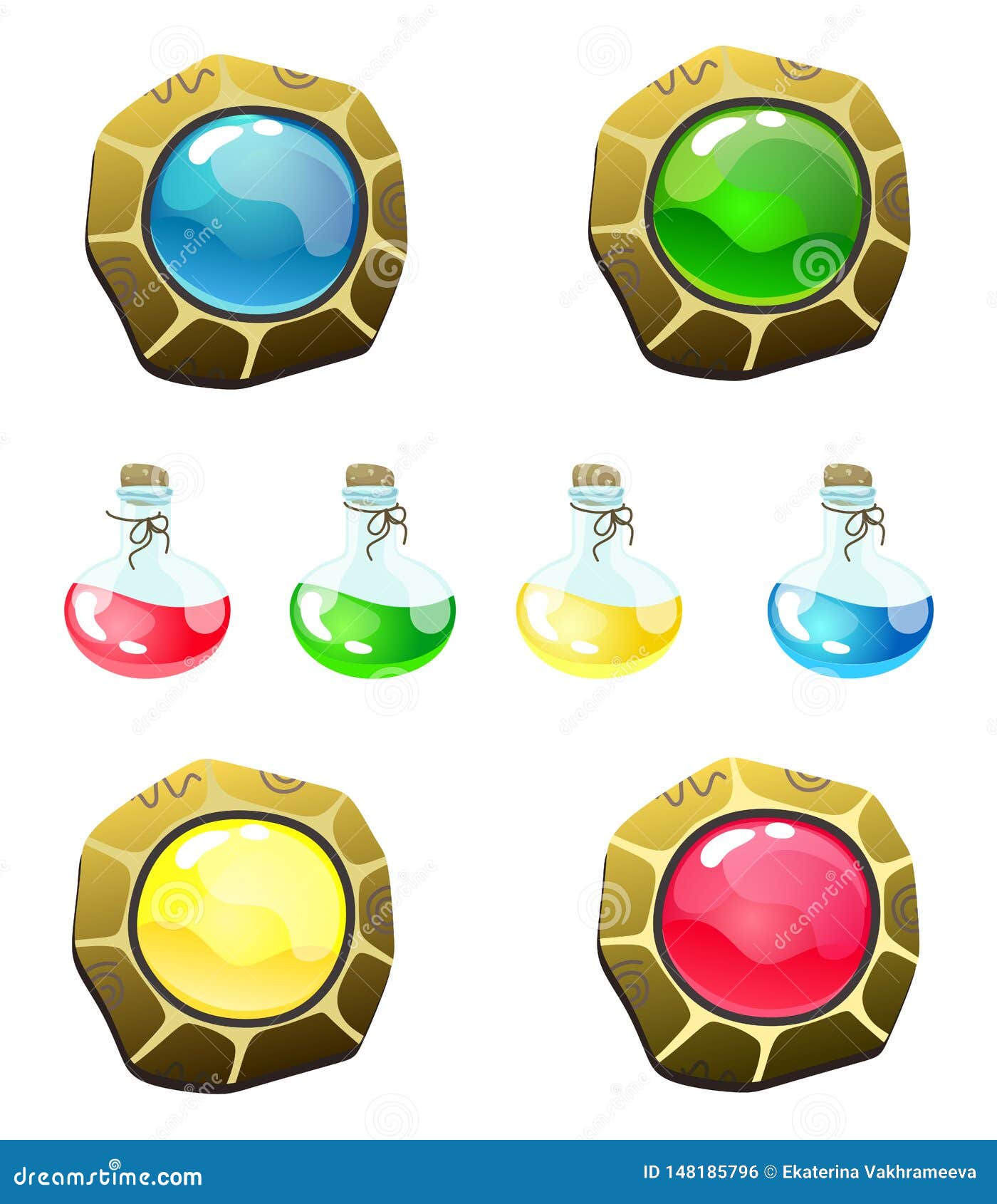 Set of Magical Fantasy Buttons and Bottles with Liquid. Vector Isolates ... Set of Magical Fantasy Buttons and Bottles with Liquid. Vector Isolates ...