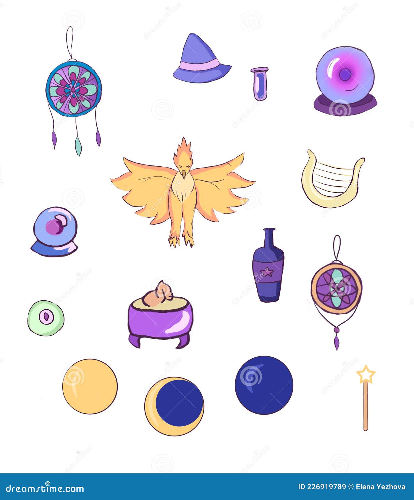 Set of Magical Items Illustration Phoenix Planet Dreamcatcher Potion ...