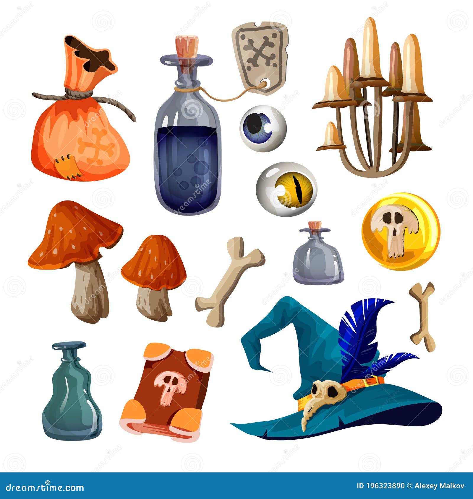 A Set Of Magical Witch Items. Hat, Staff, Flasks With Potion, Magic Bag ...