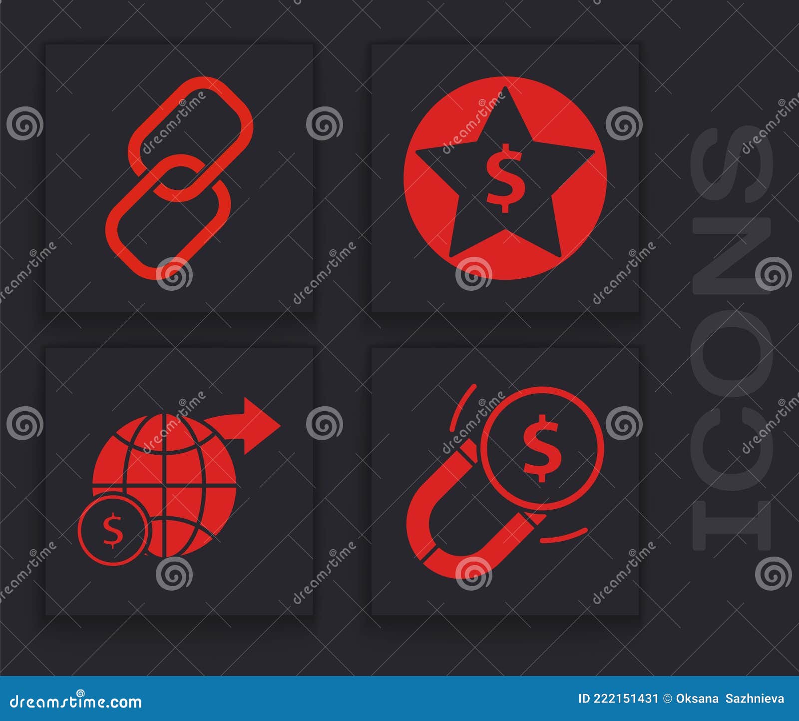 Set Magnet with Money, Chain Link, Star and Dollar and Earth Globe with ...