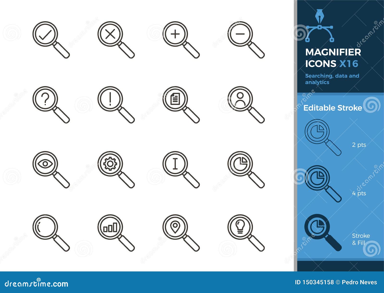 Set of Magnifier Icons. 16 Vector Illustrations with Different Elements ...
