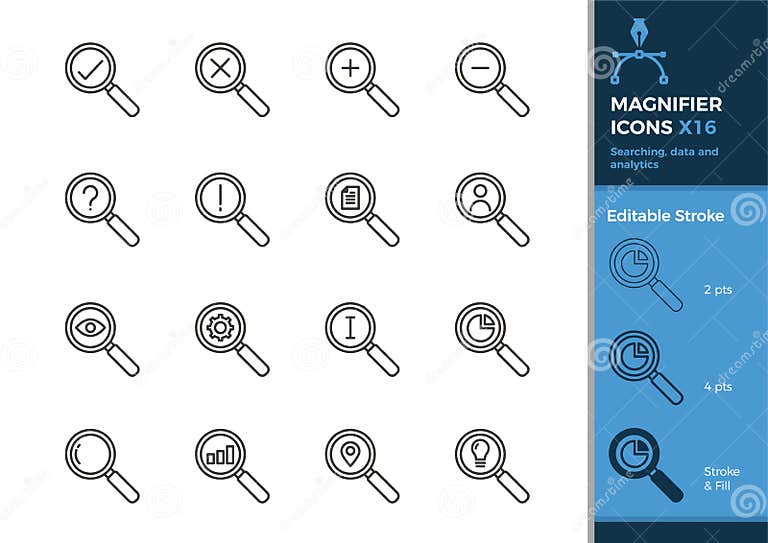 Set of Magnifier Icons. 16 Vector Illustrations with Different Elements ...