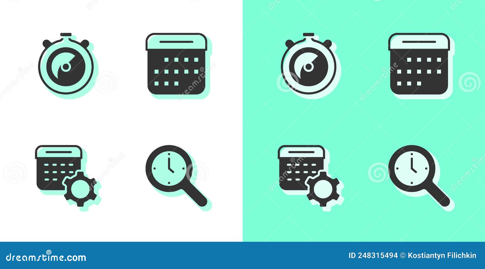 Set Magnifying Glass with Clock, Stopwatch, Calendar Settings and Icon ...