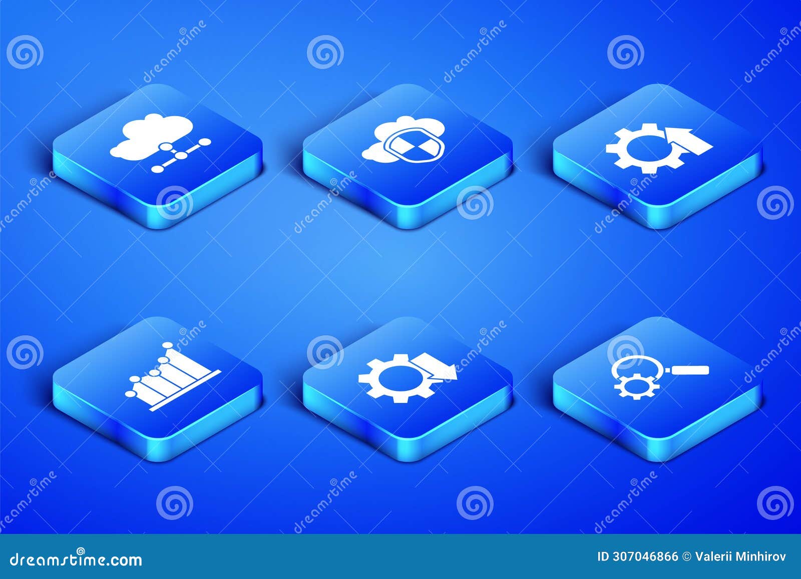 Set Magnifying Glass and Gear, Network Cloud Connection, Cost Reduction, Pie Chart Infographic ...