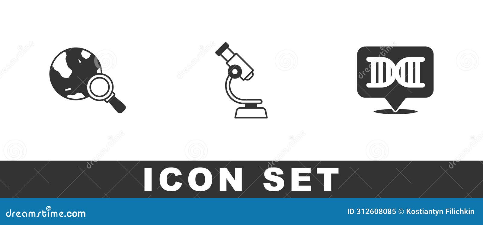 Set Magnifying Glass with Globe, Microscope and DNA Symbol Icon. Vector ...