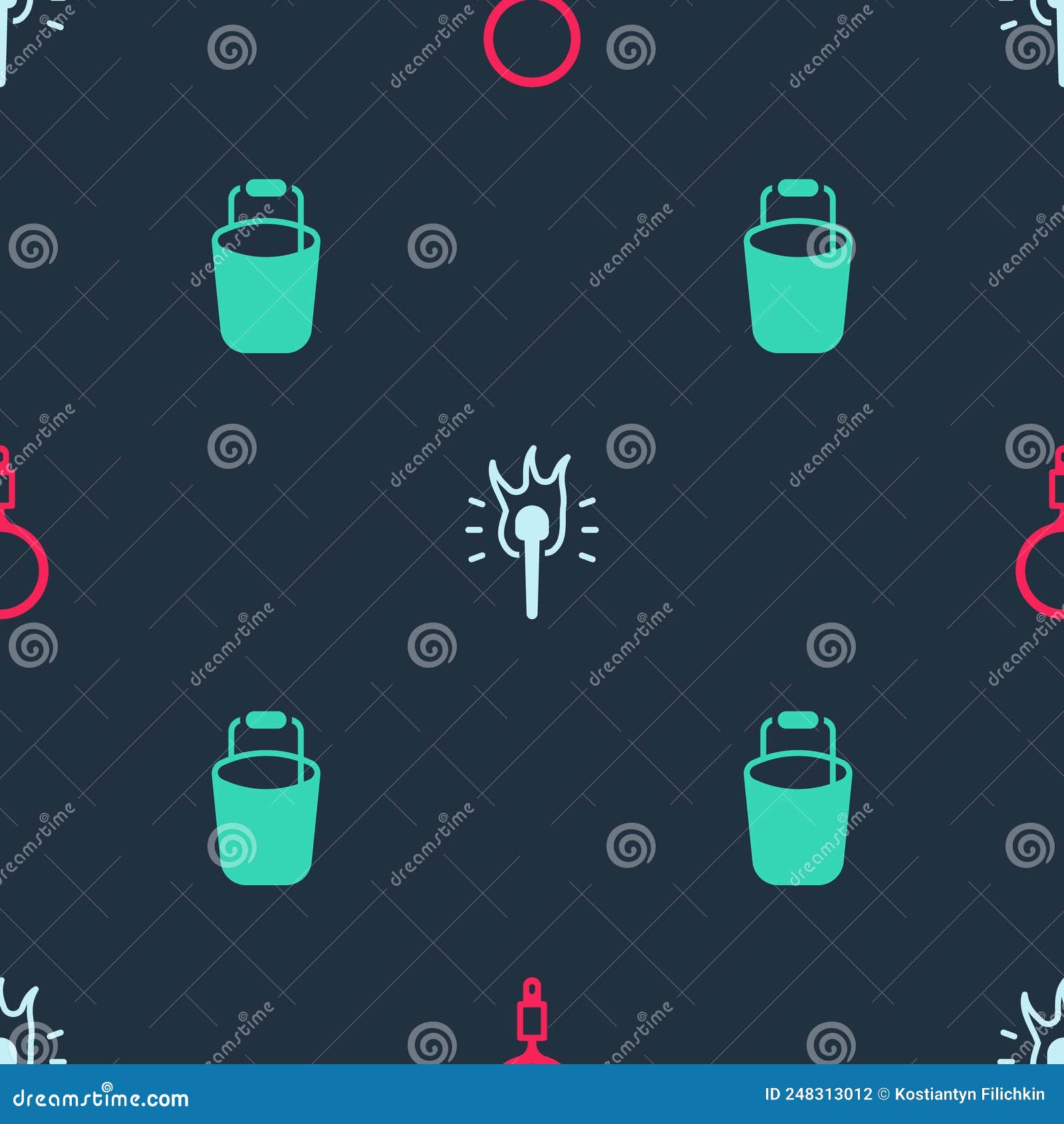 Set Magnifying Glass, Torch Flame and Bucket on Seamless Pattern ...