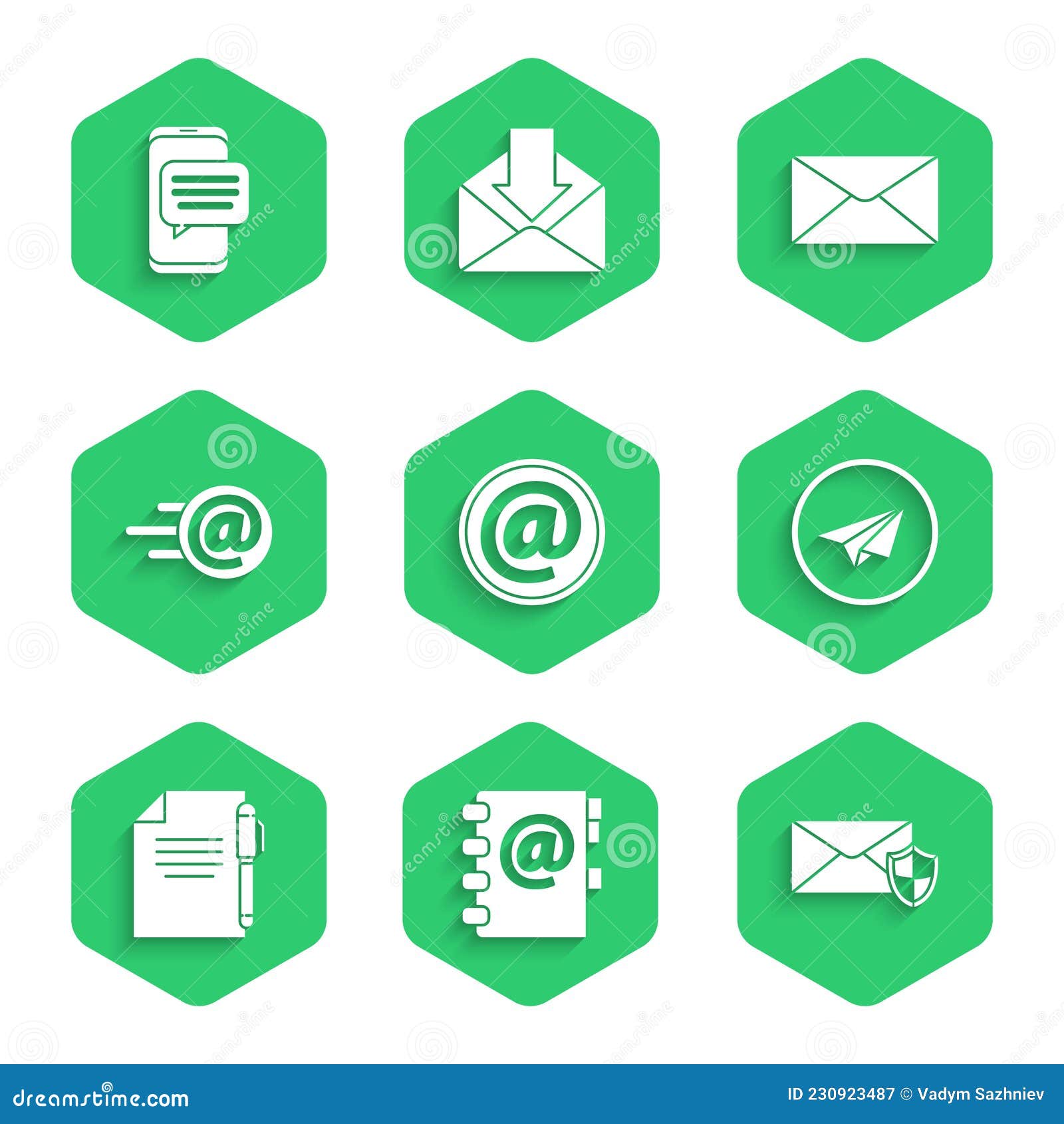 Set Mail and E-mail, Address Book, Envelope with Shield, Paper Plane, Document Pen, and Chat ...