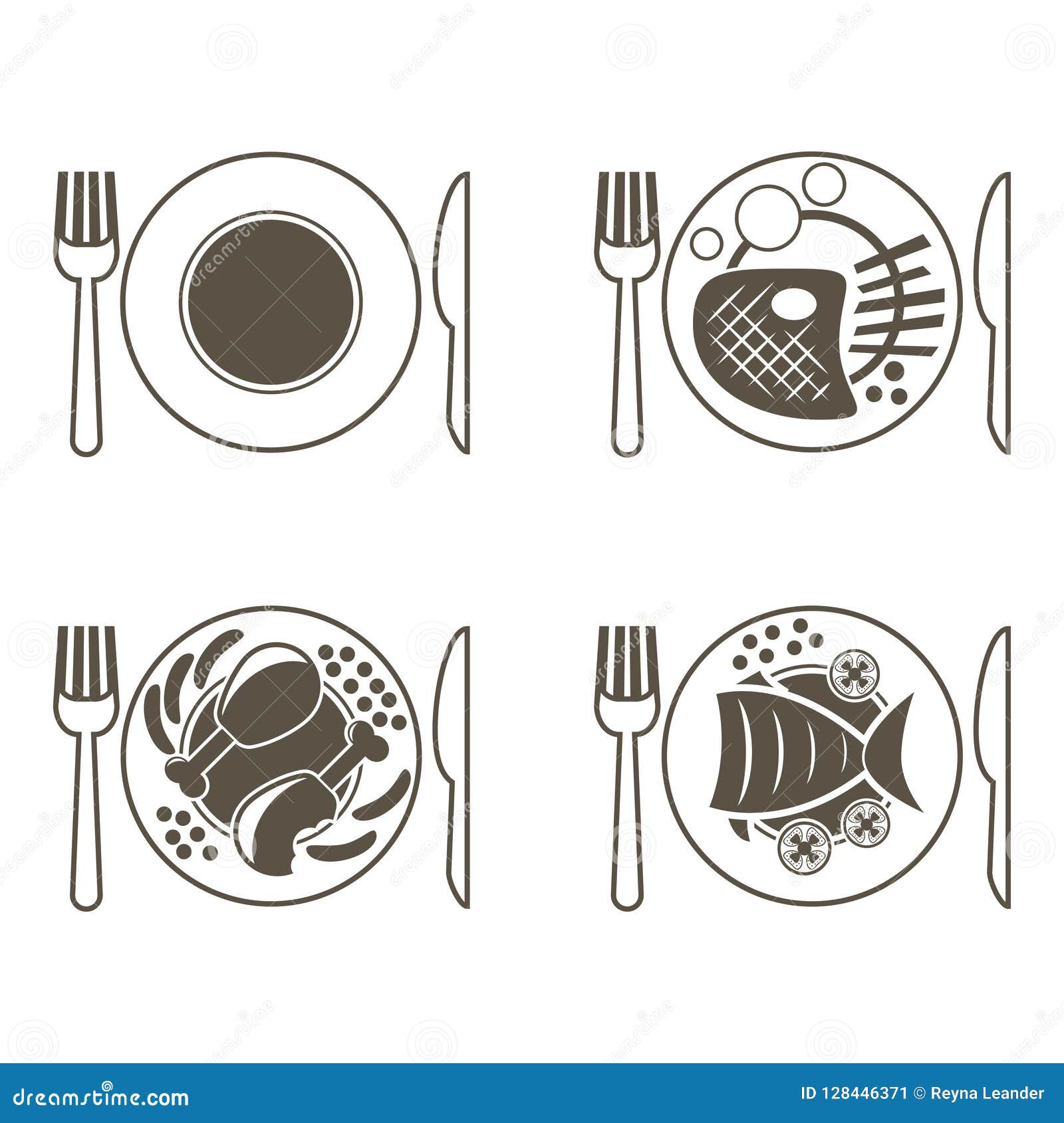 Set of Main Course Icons for a Restaurant. Fish, Meat, Chicken, Empty ...