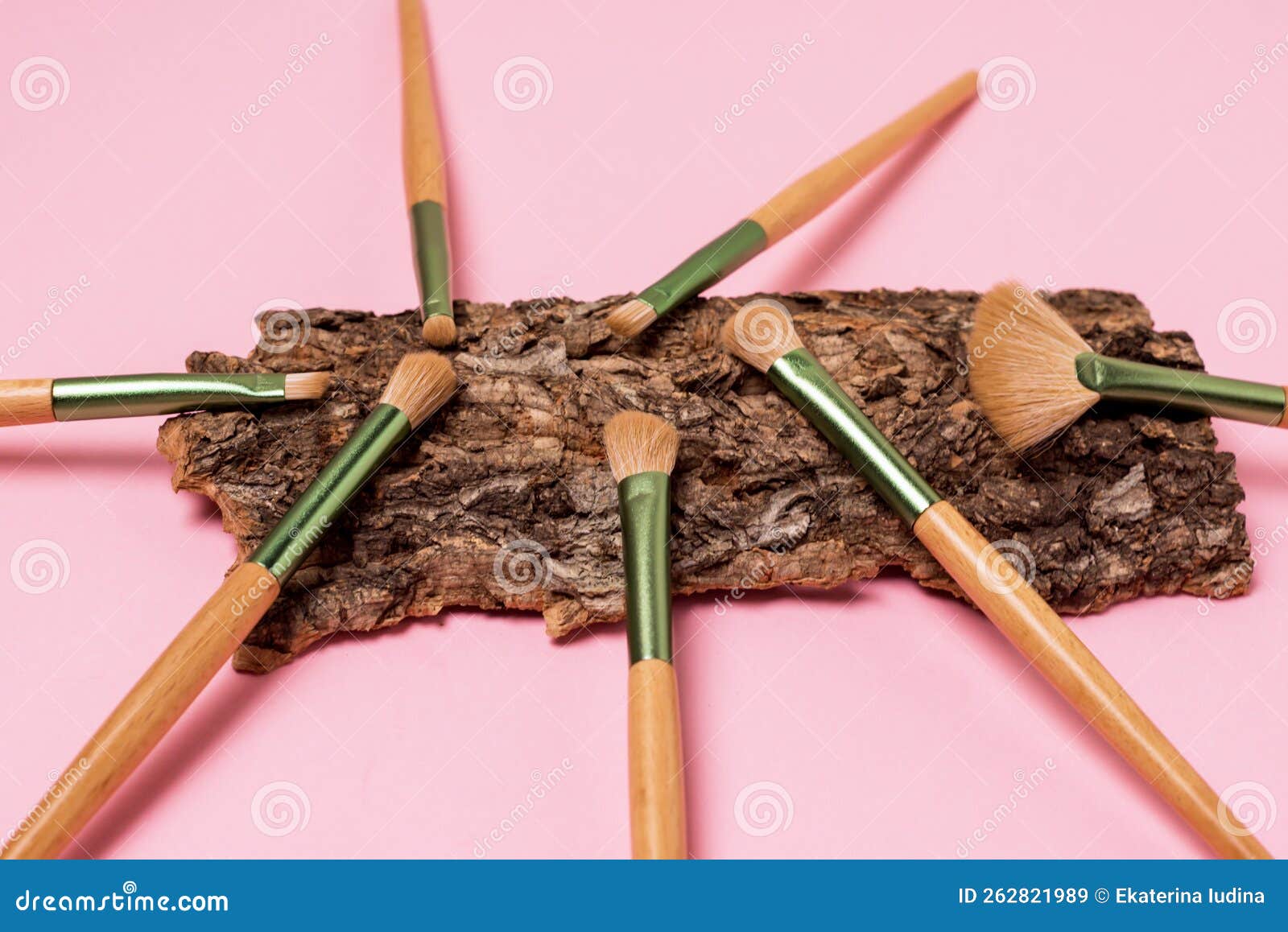 Set of Make Up Brushes on Tree Bark on Pink Background Make Up Concept ...