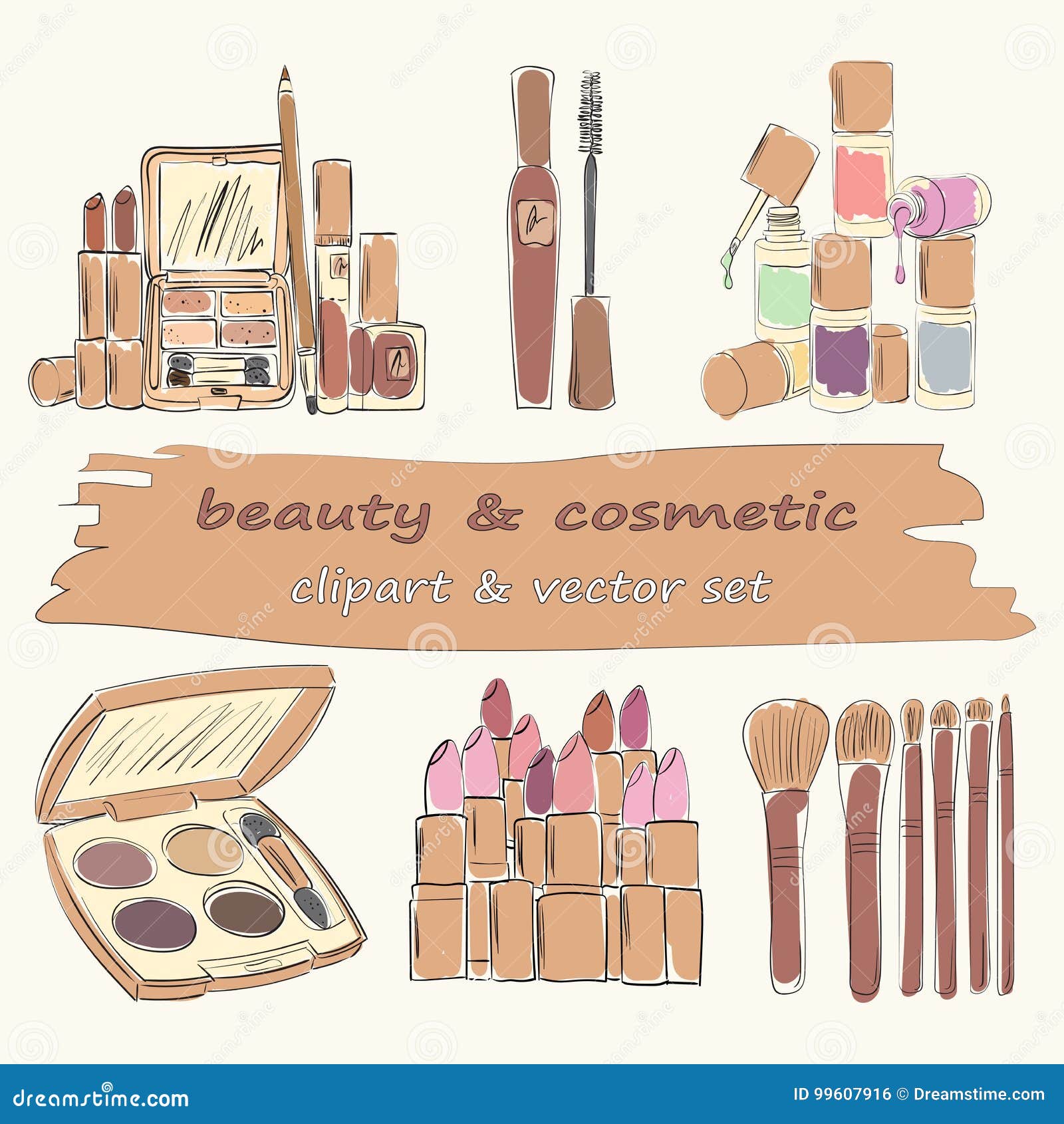 Set of 6 Makeup and Cosmetics Objects Stock Vector - Illustration of ...