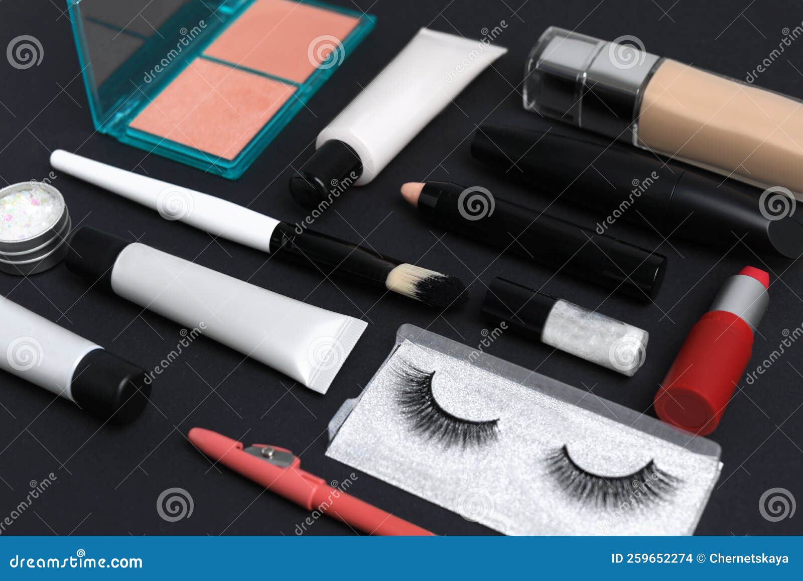 Set of Makeup Products on Black Background Stock Photo - Image of ...