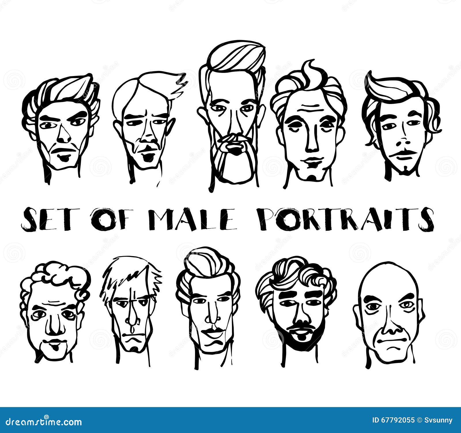 Set of Male Doodle Hand Drawn Portraits. Black and White Stock ...