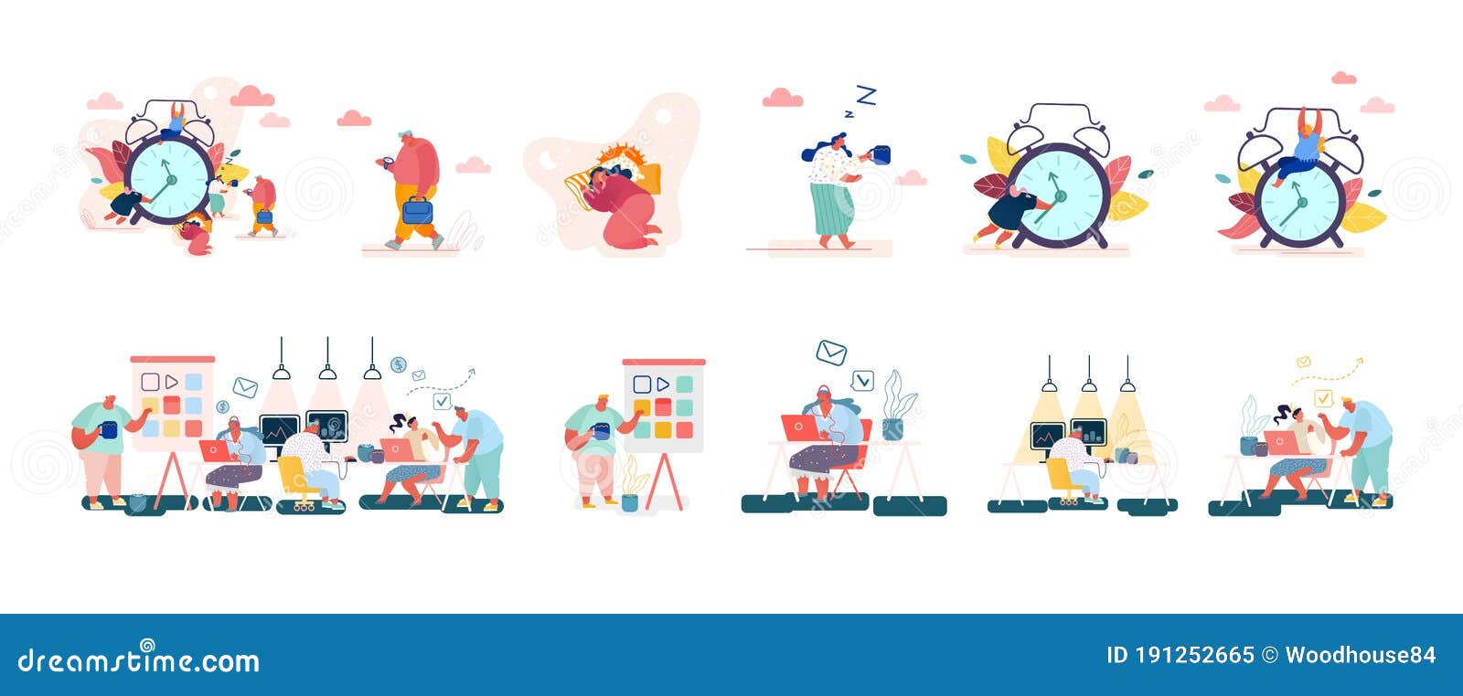 Procrastination Characters Cartoon Concept Icons Vector Illustration ...