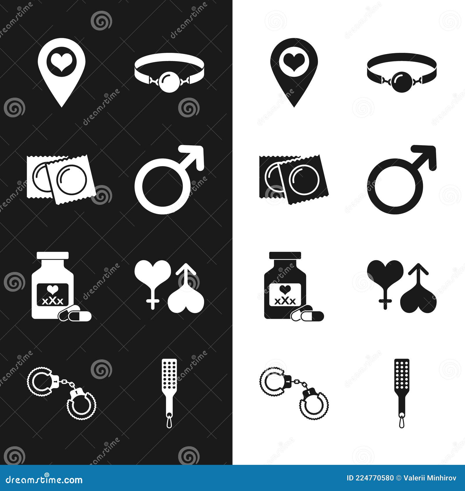 Set Male Gender Symbol Condoms In Package Location With Heart