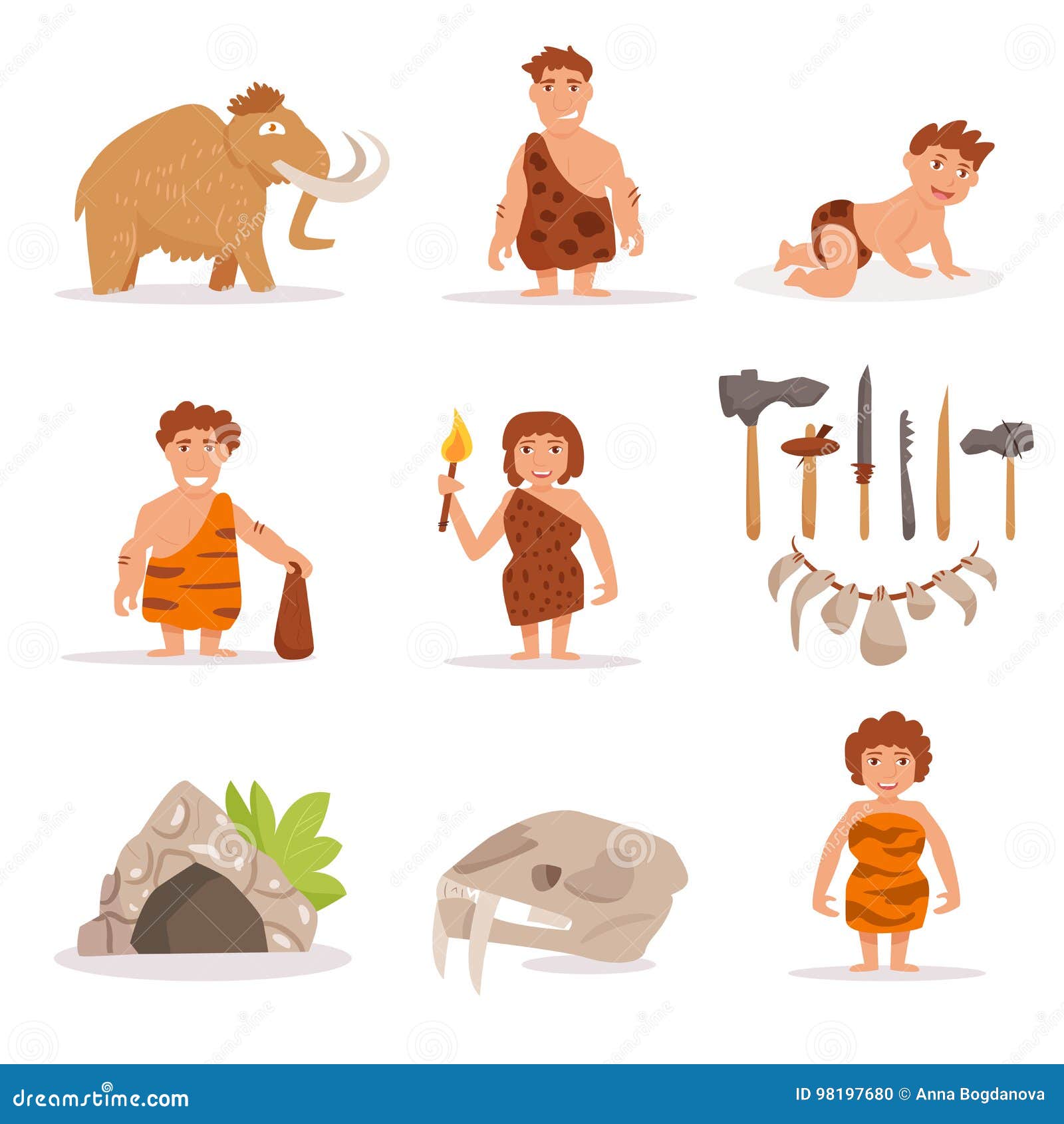 Cave People. Wild Persons Male And Female Eating Meat In Cave. Vector ...