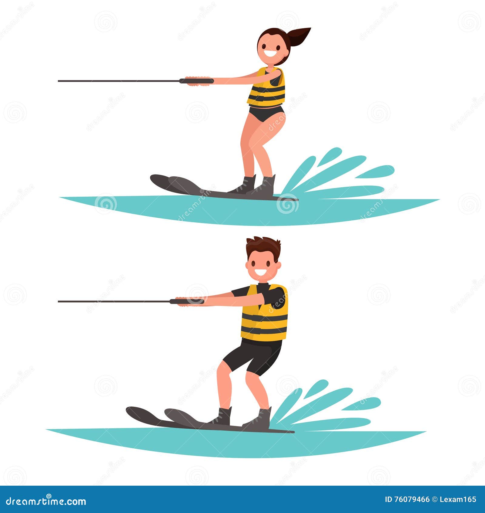 Set Man and Woman Water-ski. Vector Illustration Stock Illustration ...