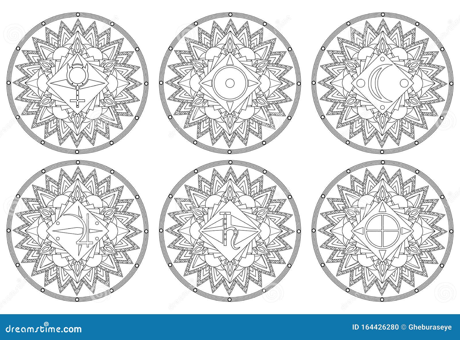 Set of Mandalas with Symbols of Planets, Black and White, Isolated ...